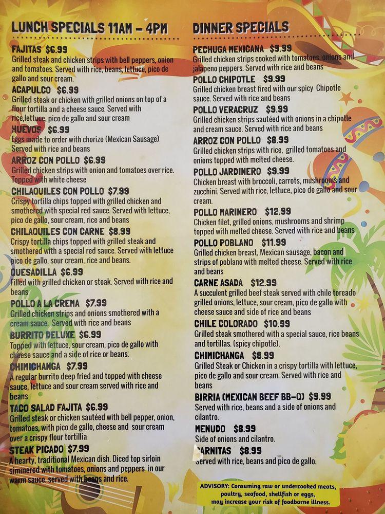 Menu at Mi Corcel restaurant, Crawfordsville