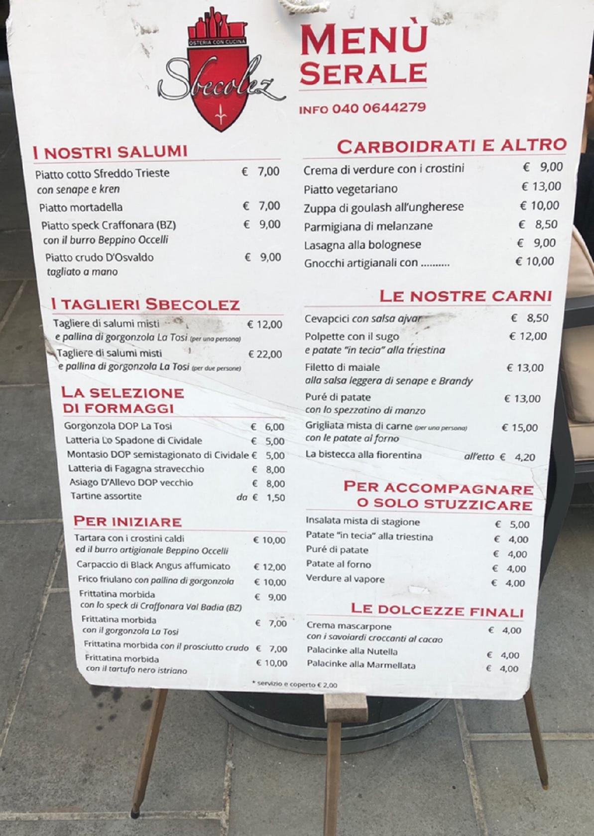 Menu at Sbecolez Trieste restaurant, Trieste