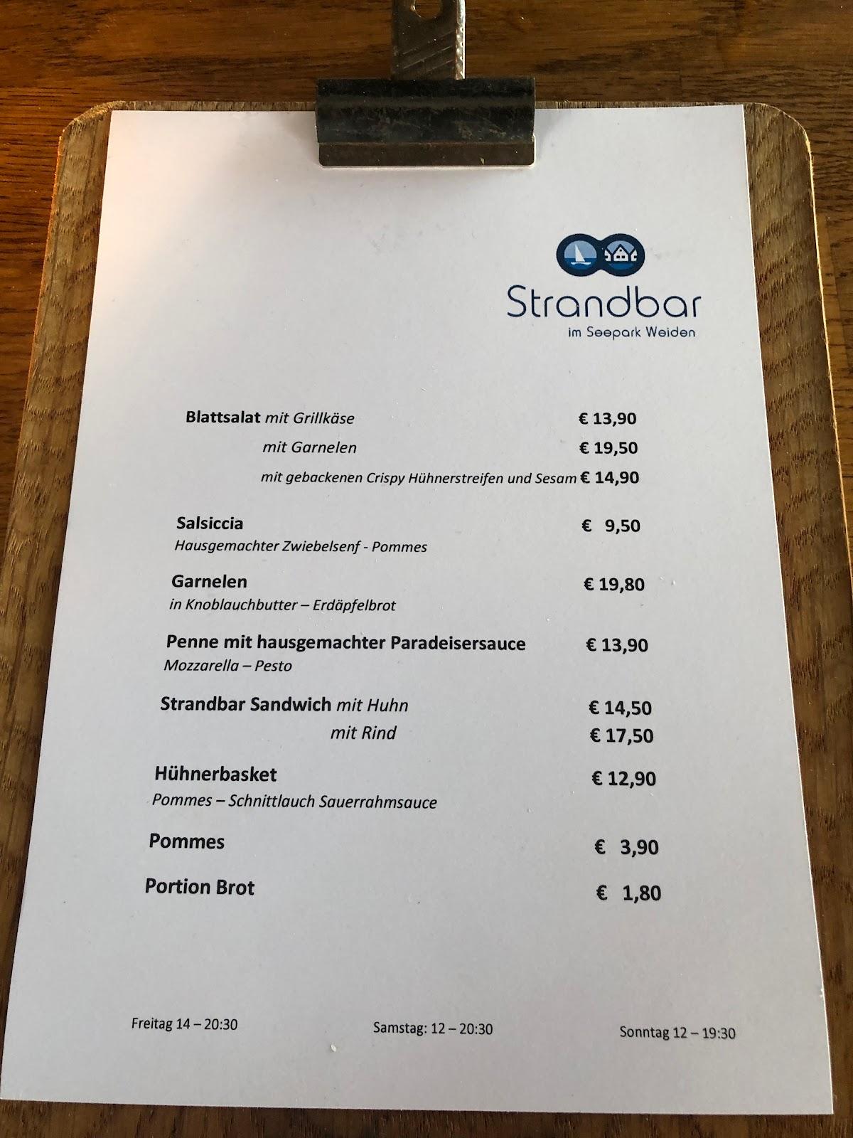 Speisekarte von Strandbar Weiden am See, Gemeinde Weiden am See