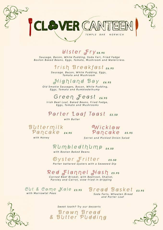 Menu at The Temple Bar, Norwich