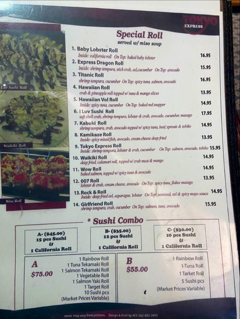 Menu at Tokyo Express restaurant, Fairbanks