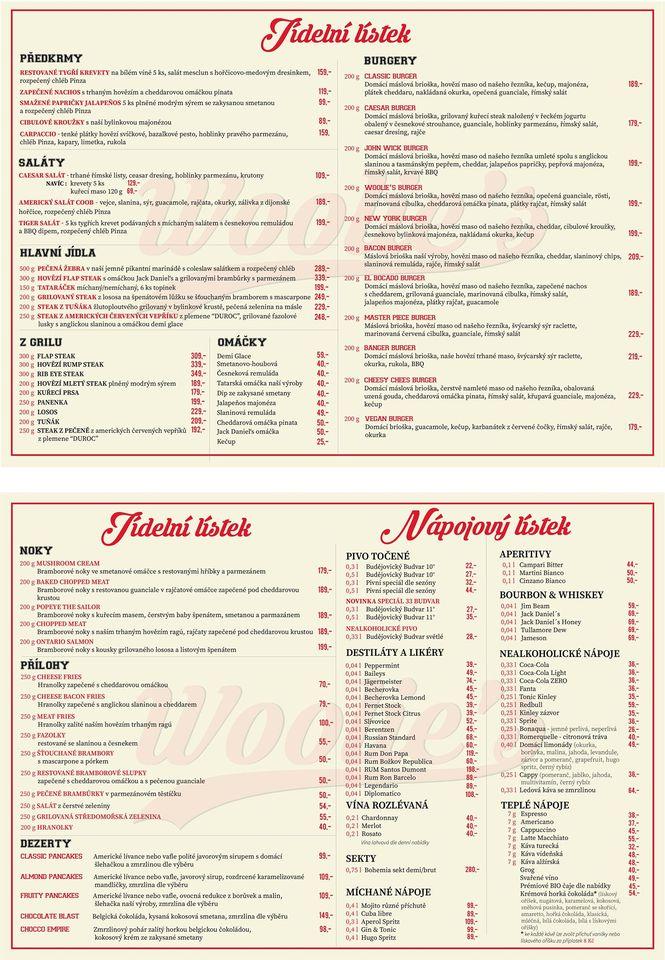 Menu at Woolie’s restaurant, Louny