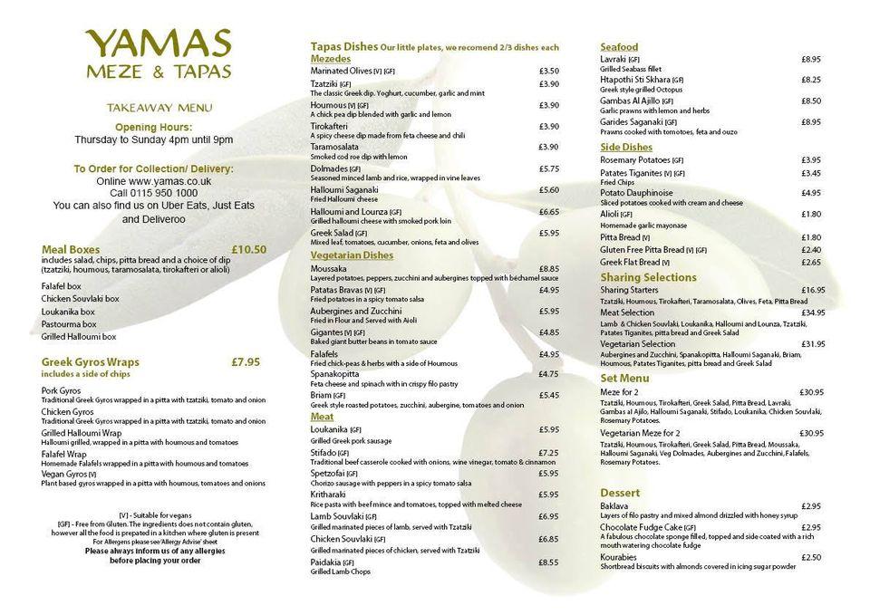 Menu at Yamas Meze & Tapas restaurant, Nottingham
