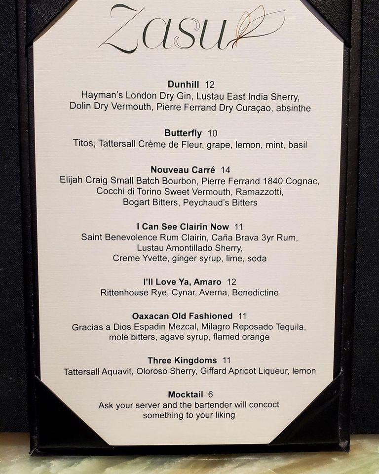 Menu at Zasu restaurant, New Orleans