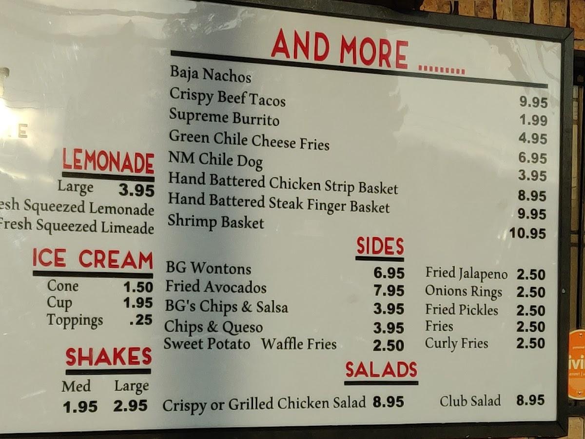 Menu at BG's Burgers & More restaurant, Hobbs