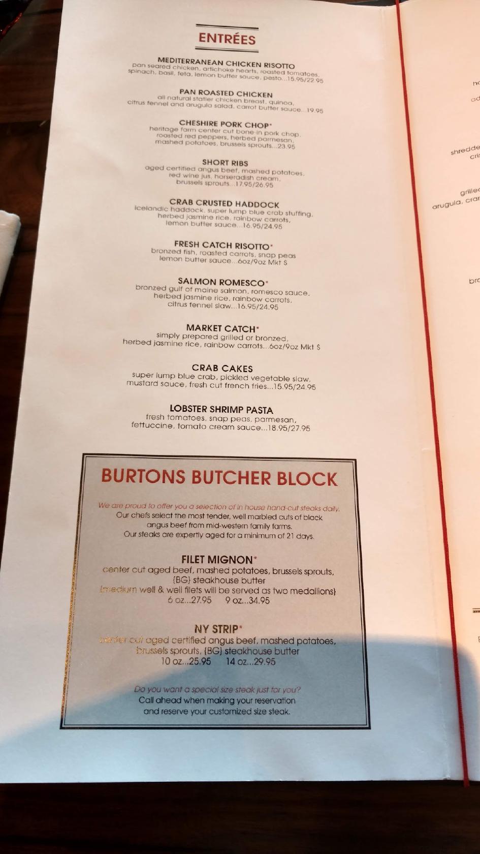 Menu at Burtons Grill & Bar, Charlotte