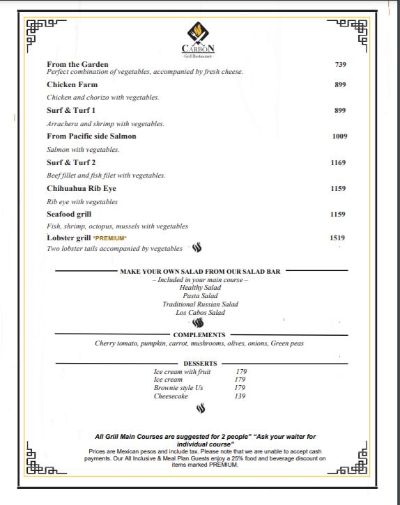 Menu at Carbon Grill restaurant, Cabo San Lucas