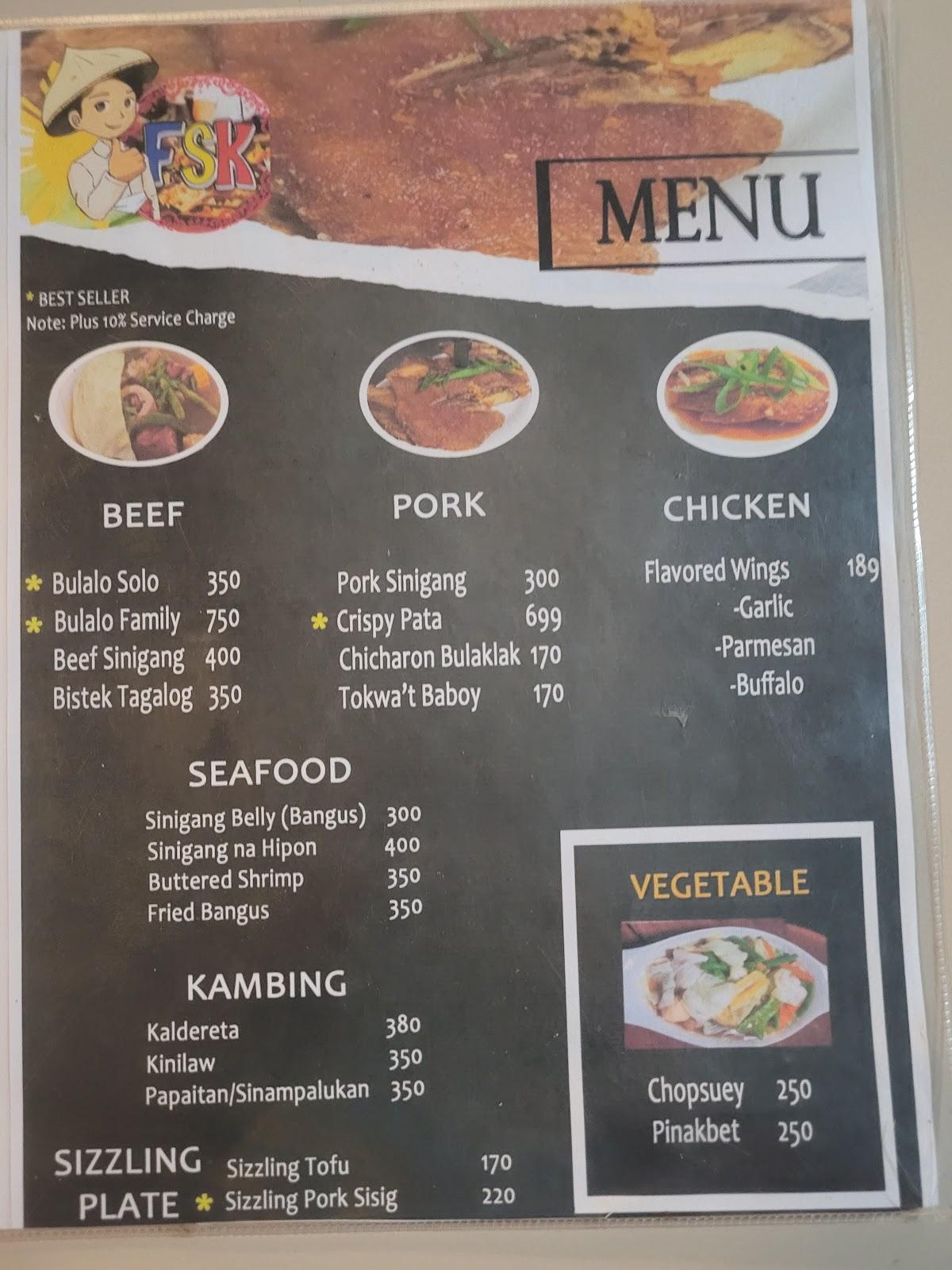Menu at Fiestahan sa kuyang restaurant, Calamba