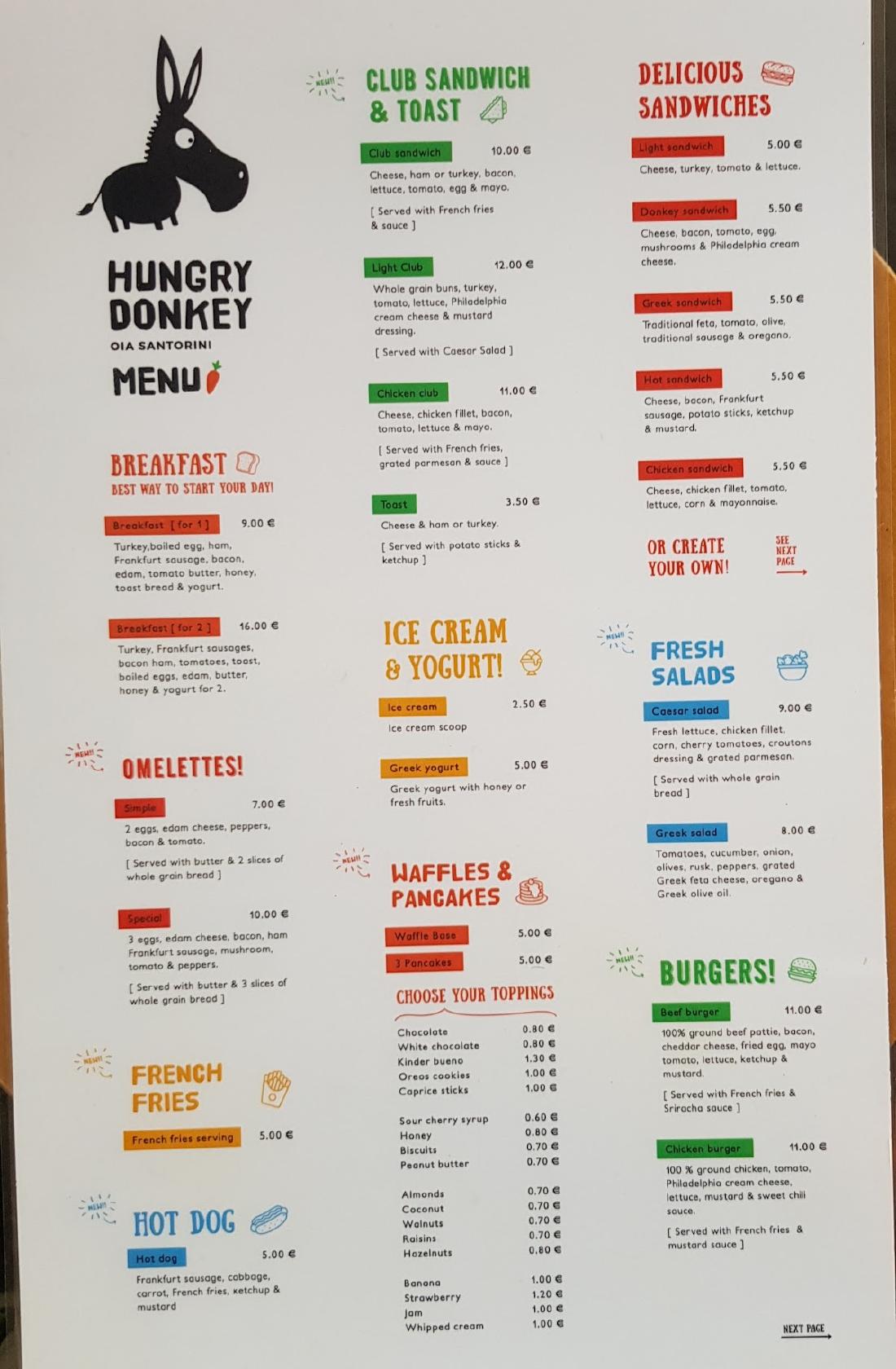 Menu at Hungry Donkey, Oia