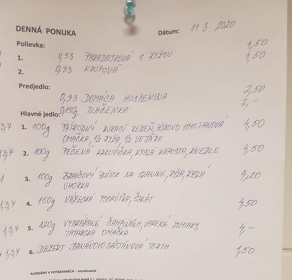 Carta del restaurante Reštaurácia Zimný Štadión, Poprad