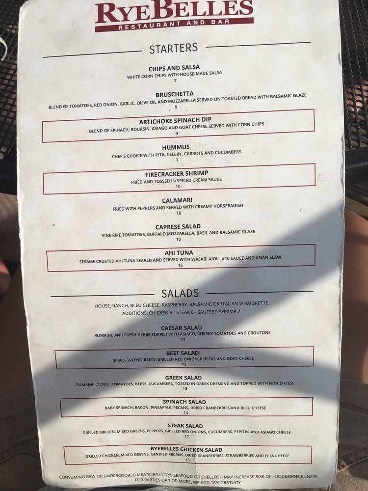 Menu at RyeBelles Restaurant & Bar, Saint Joseph