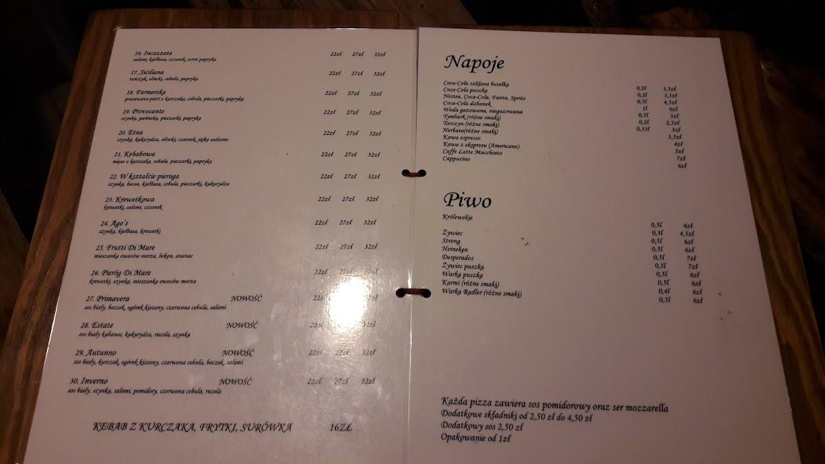 Menu at Ago’s pizzeria, Pultusk
