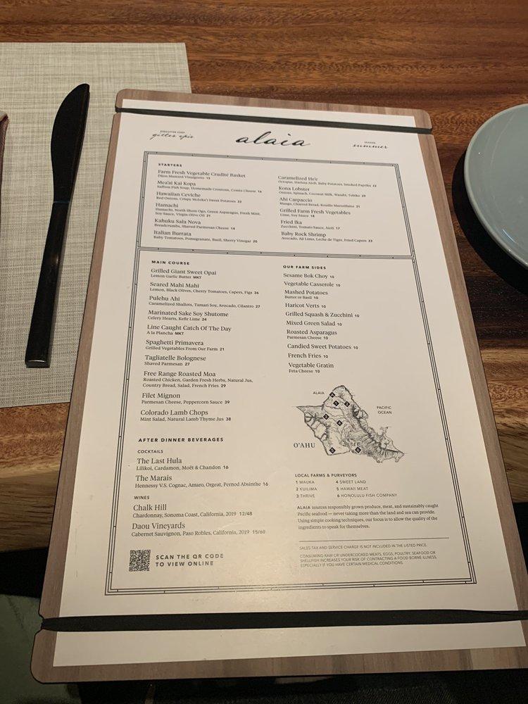 Menu at Alaia restaurant, Kawela Bay