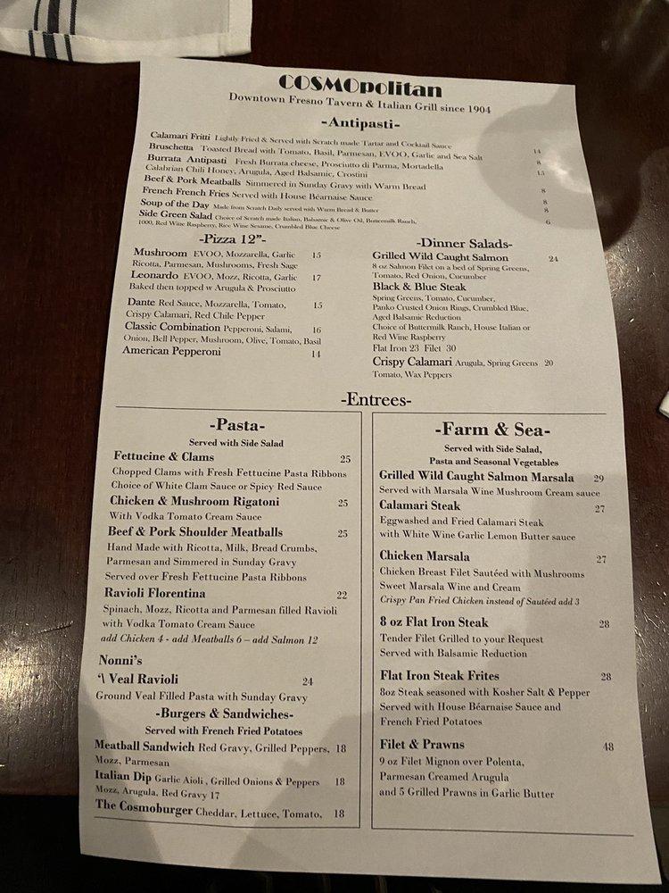 Menu at Cosmopolitan Tavern & Italian Grill pub & bar, Fresno, 625 O St