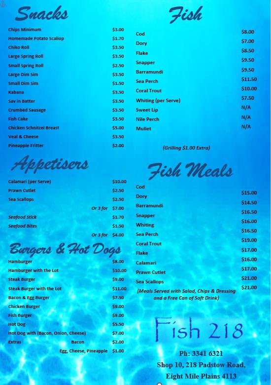 Menu at Fish 218 fast food, Eight Mile Plains