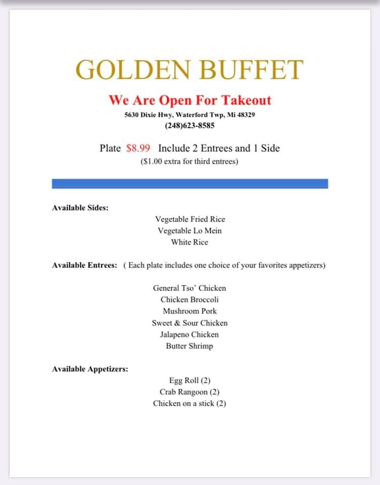Menu at Golden Buffet restaurant, Waterford Township