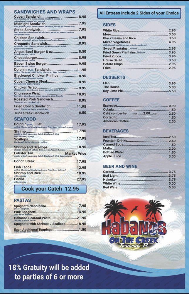 Menu at Habanos On The Creek restaurant, Tavernier