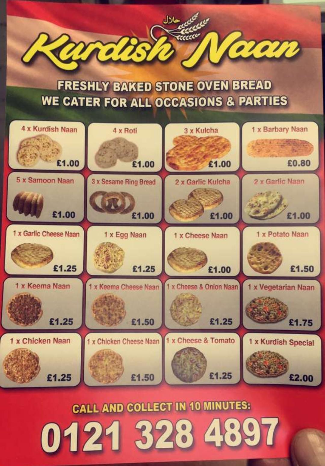 Menu at Kurdish Naan restaurant, Birmingham