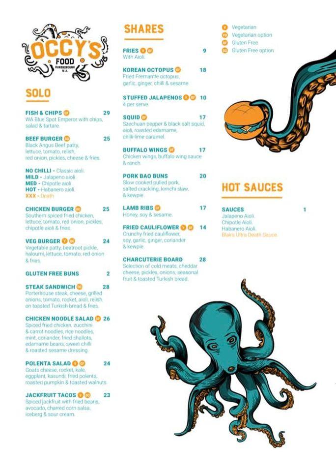 Menu at Occy's restaurant, Dunsborough, 12/34 Dunn Bay Rd
