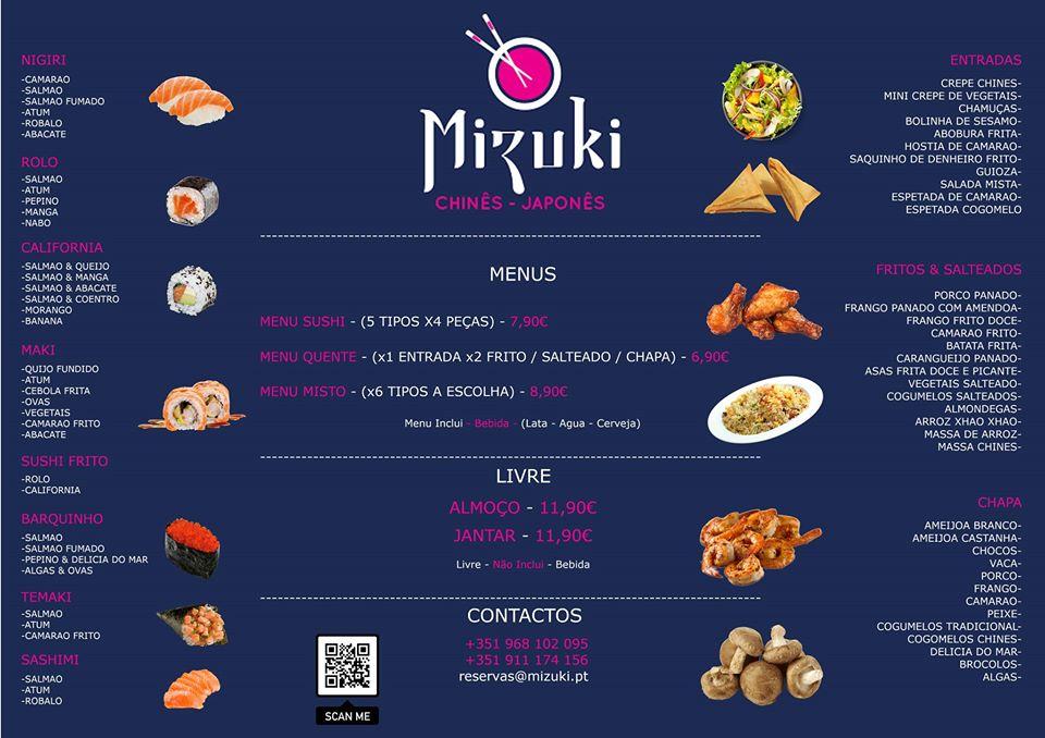 Menu em Mizuki restaurante, Fátima