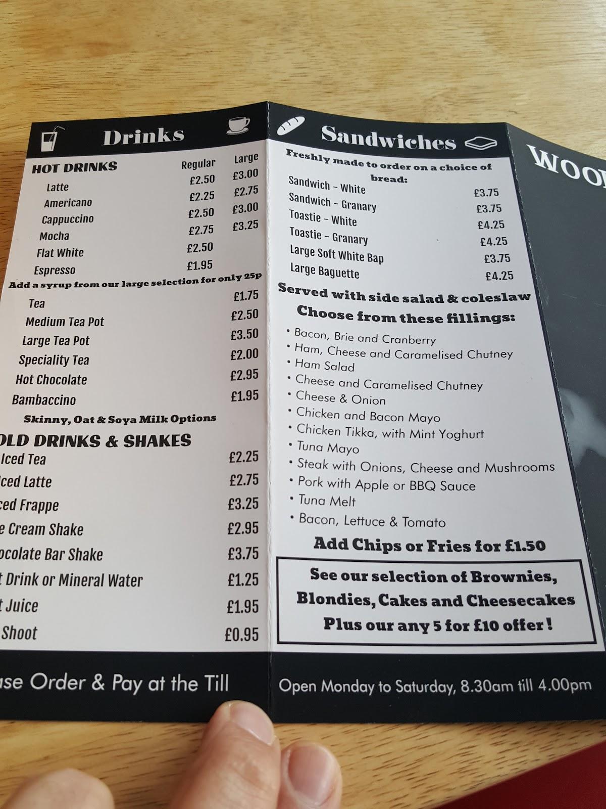 Menu at Woodies cafe, Blackwood