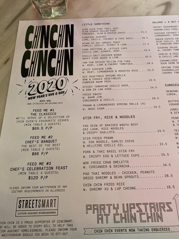 Menu at Chin Chin restaurant, Melbourne