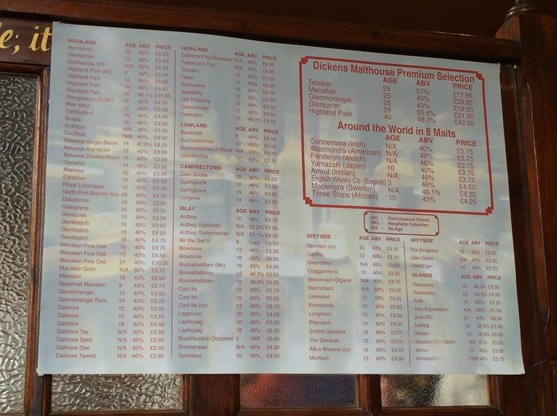 Menu at Dickens Bar, Perth