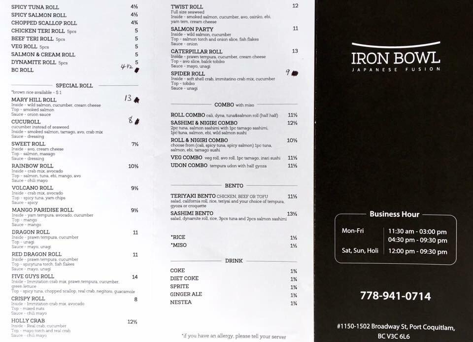 Menu au Iron Bowl restaurant, Port Coquitlam