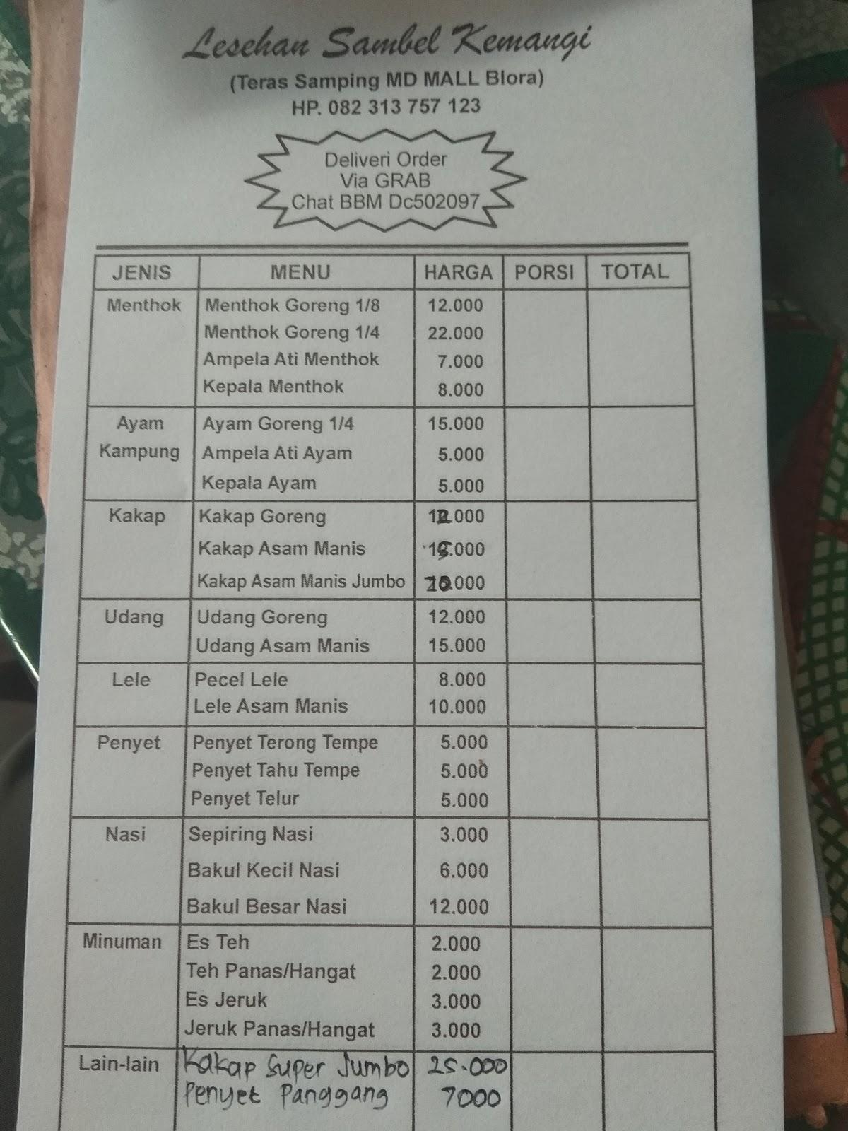 Menu at Lesehan Sambel Kemangi restaurant, Blora