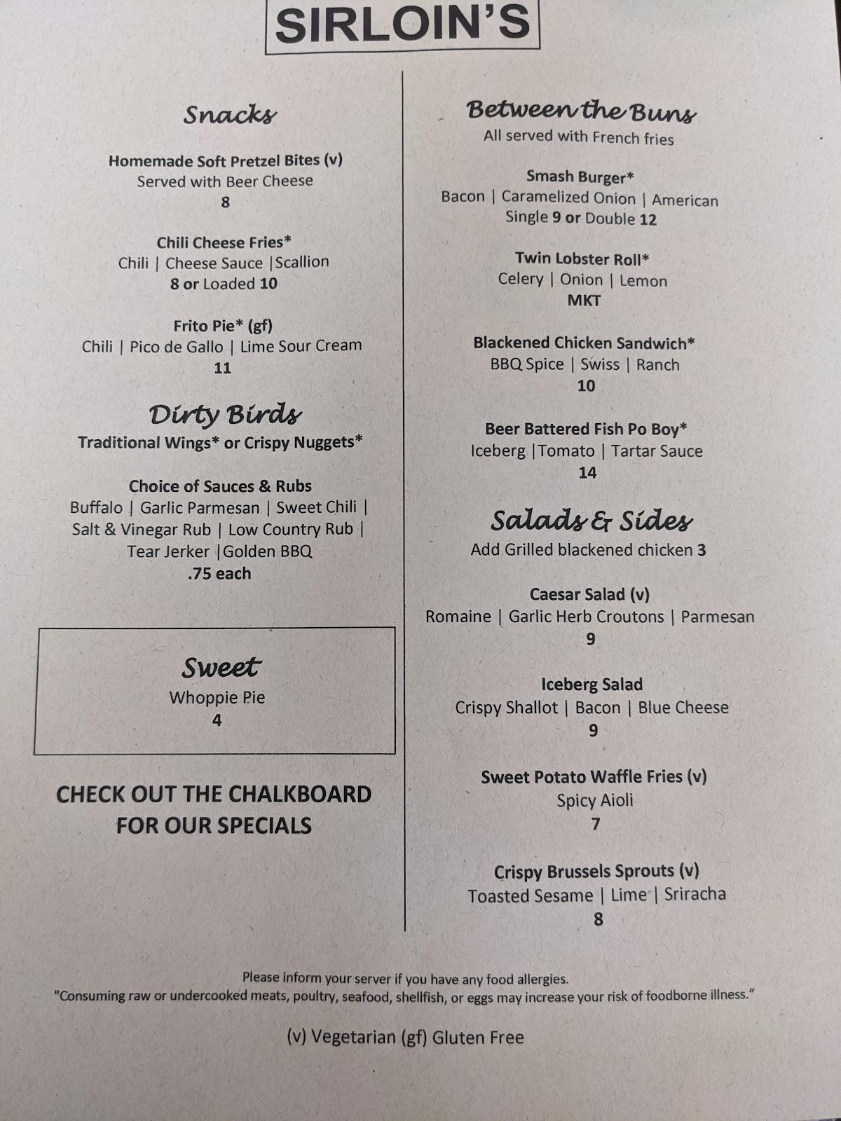 Menu at Sirloin's Restaurant & Bar, Scarborough