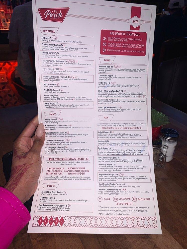 Menu at The Porch pub & bar, Tempe