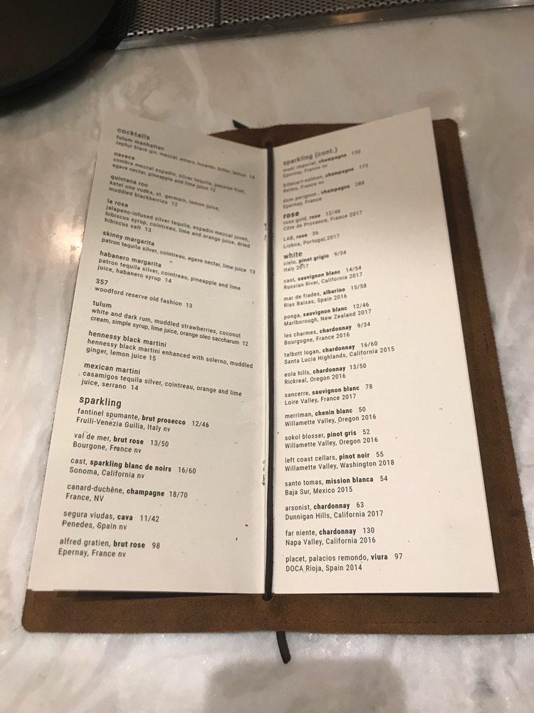 Menu at Tulum restaurant, Dallas