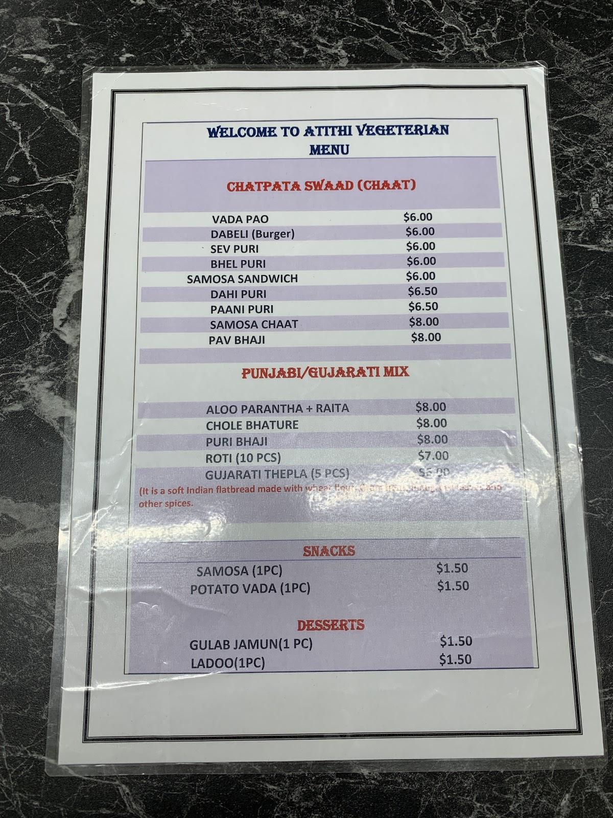 Menu at Atithi-Vegeterian restaurant, Auckland
