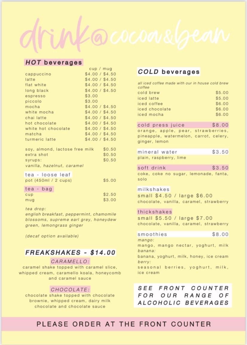 Menu at Cocoa & Bean cafe, Griffith