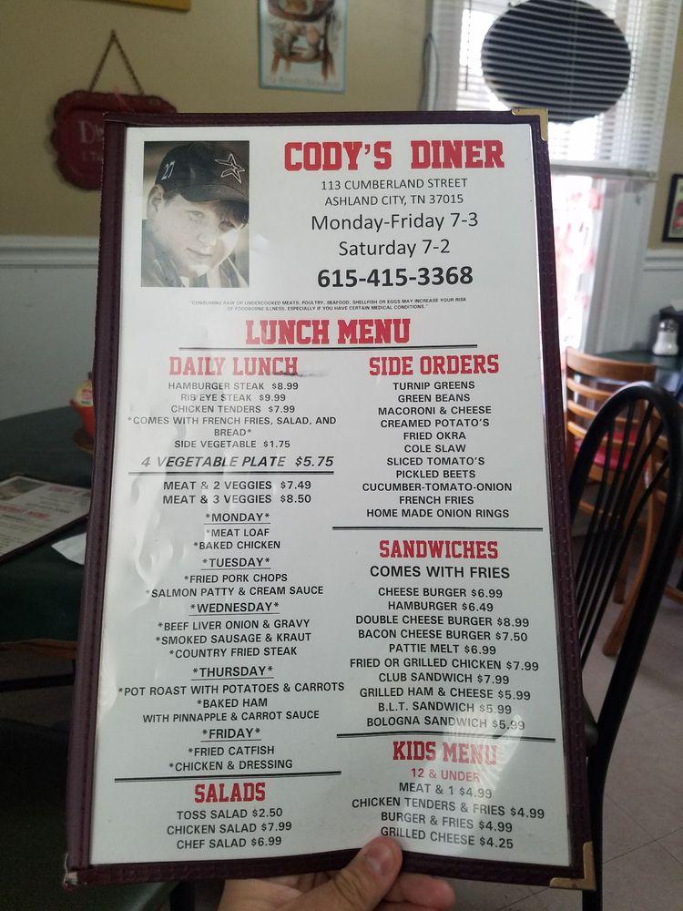 Menu at Cody's Diner cafe, Ashland City
