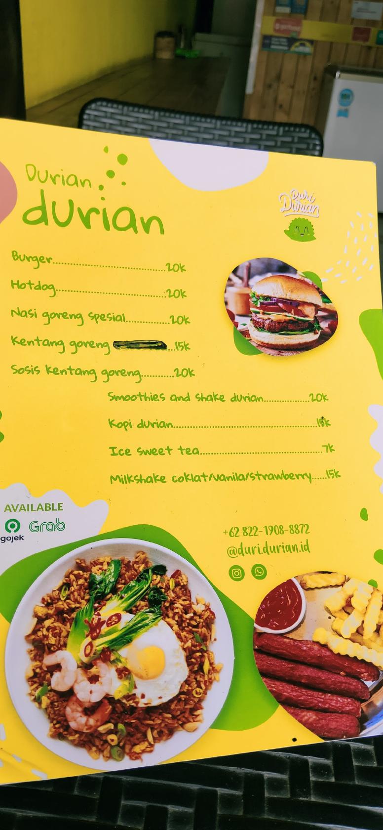 Menu at Duri Durian restaurant, Bandung
