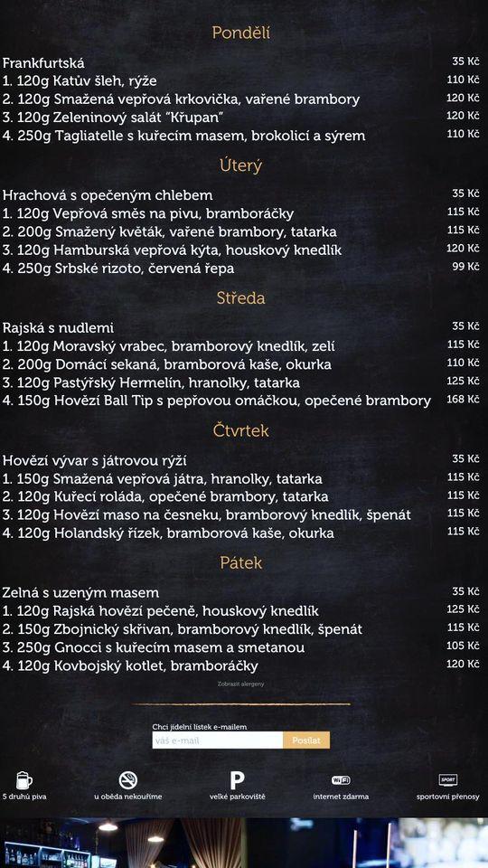 Menu at Tankovna Modrá Kočka restaurant, Dobříš