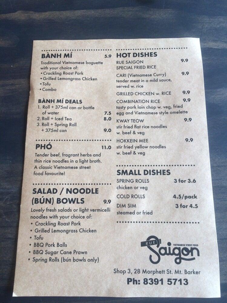 Menu at Rue Saigon restaurant, Mount Barker