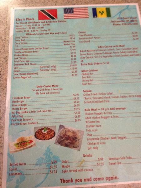 Menu at Elsa's Place restaurant, Jacksonville