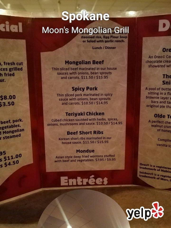Menu at Moon's Mongolian Grill restaurant, Spokane