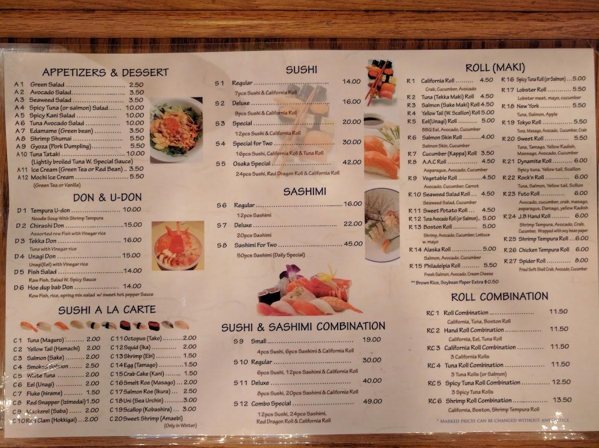 Menu at Osaka Sushi restaurant, Little Falls