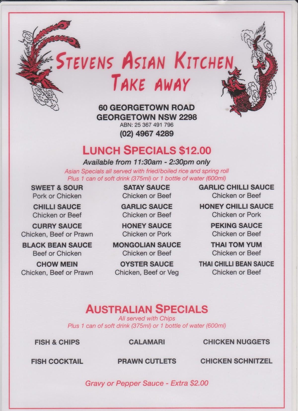 Menu at Steven's Asian Kitchen Take Away restaurant, Georgetown