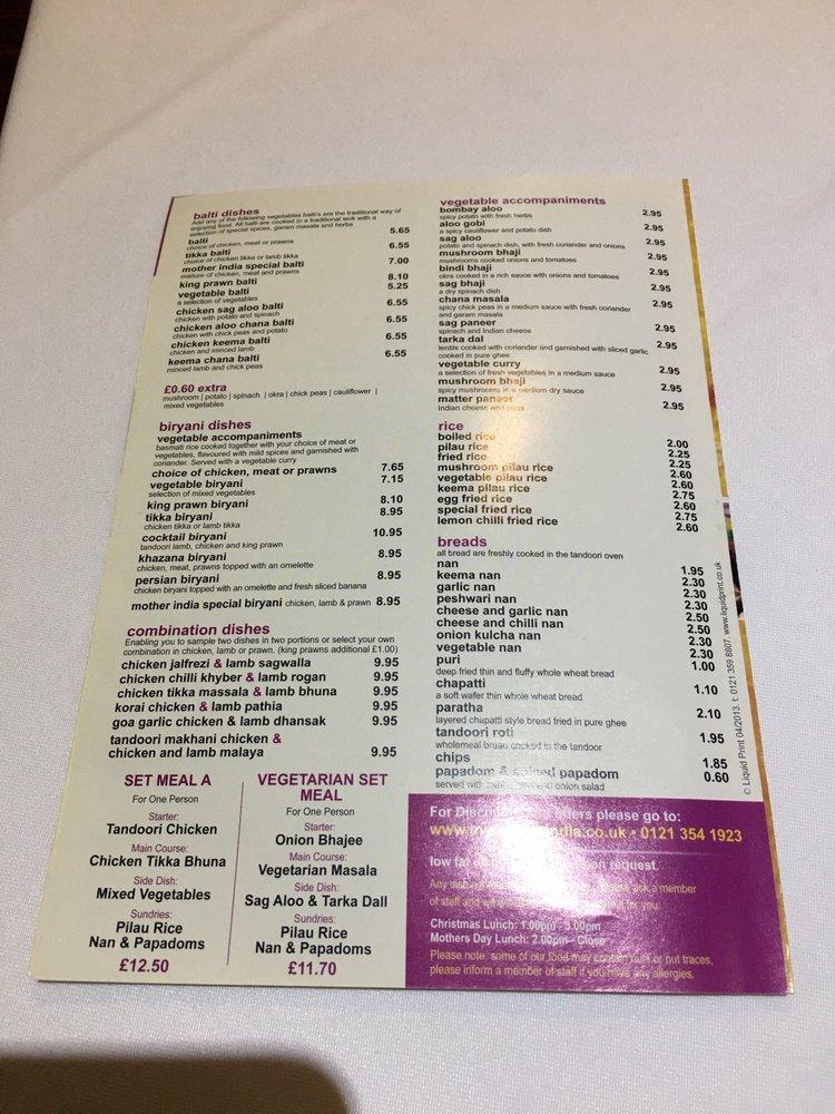 Menu at Mother India restaurant, Sutton Coldfield, 60A Boldmere Rd