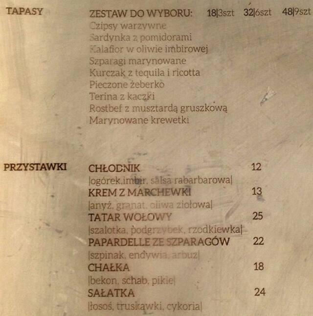 Menu at Barka, Kraków