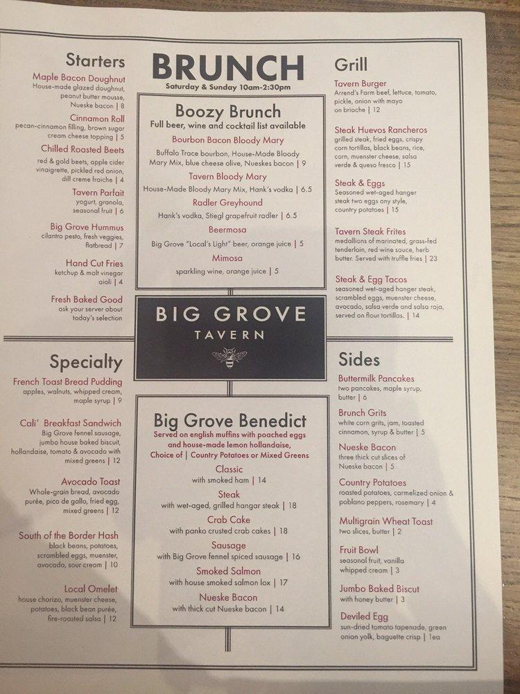 Menu at Big Grove Tavern pub & bar, Champaign