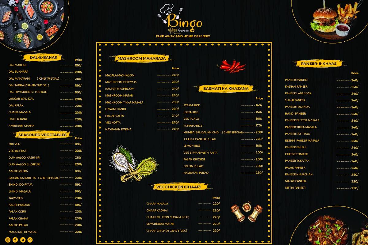 Menu at Bingo Hotel, Kurukshetra