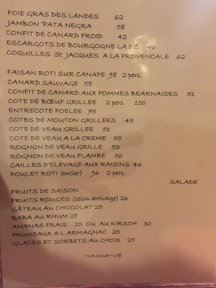 Menu au Chez l'Ami Louis restaurant, Paris, 32 Rue du Vertbois