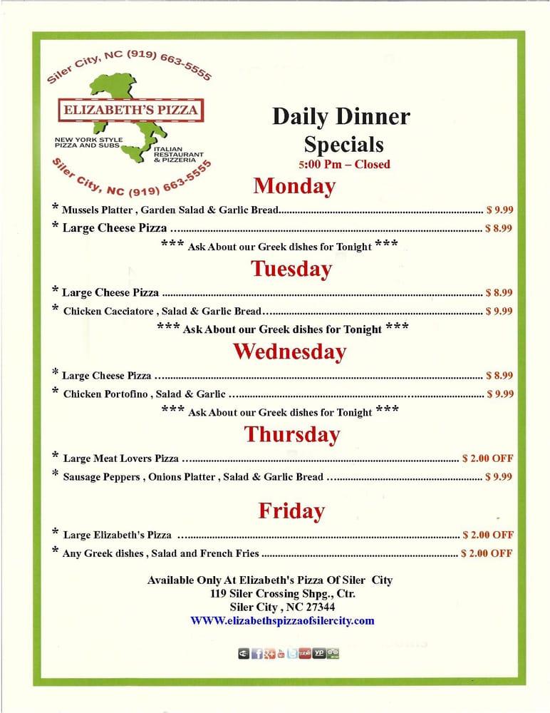 Menu at Elizabeth's Restaurant, Siler City