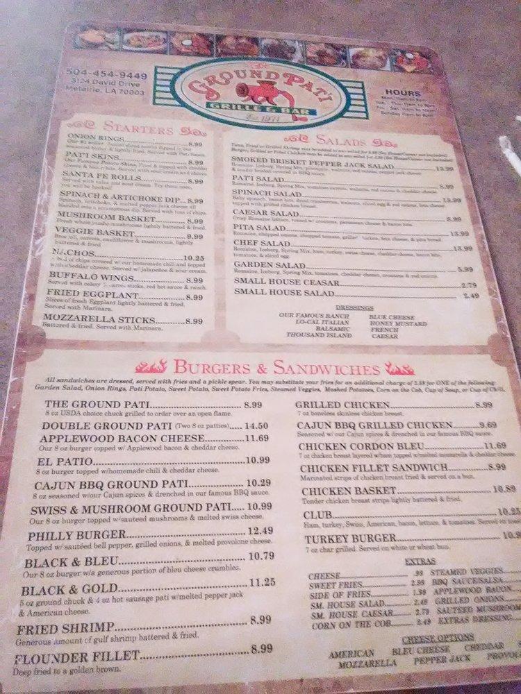 Menu at Ground Pat'i Grille & Bar, Metairie, David Dr