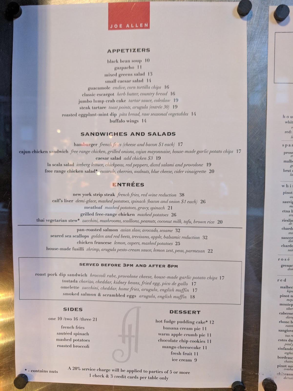 Menu at Joe Allen pub & bar, West New York